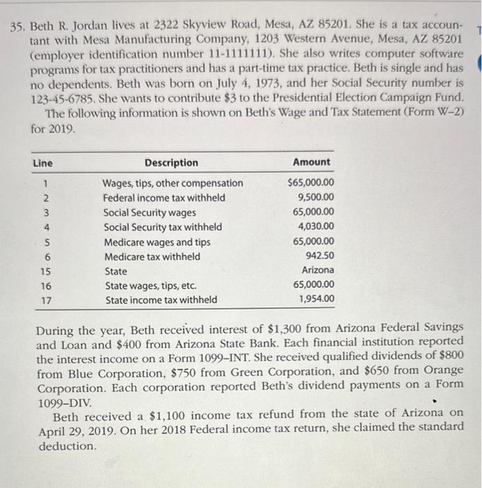 Solved 35. Beth R. Jordan lives at 2322 Skyview Road, Mesa, | Chegg.com