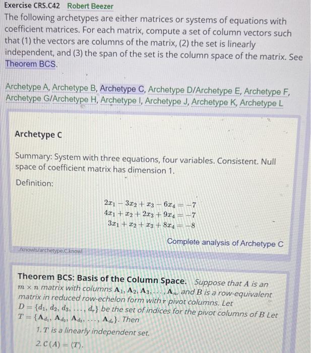 Solved Exercise CRS.C42 Robert Beezer The following | Chegg.com