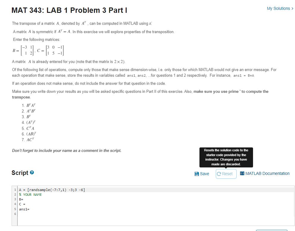 Solved MAT 343: LAB 1 ﻿Problem 3 ﻿Part IThe transpose of a | Chegg.com