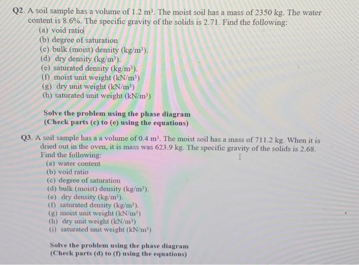 Solved Q2. A soil sample has a volume of 1.2 m3. The moist | Chegg.com