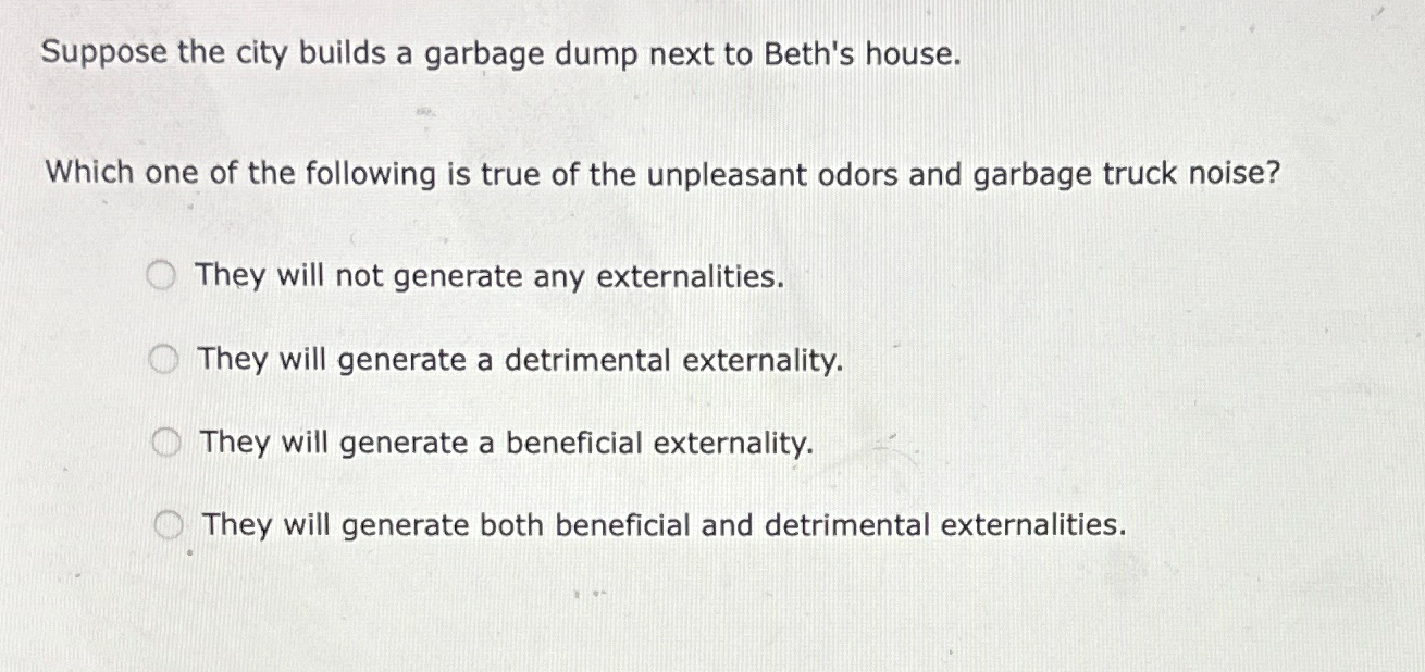 Solved Suppose the city builds a garbage dump next to Beth's | Chegg.com