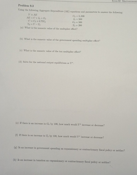 Solved Econ C2 Macroeconomproblem 9 3using The Following