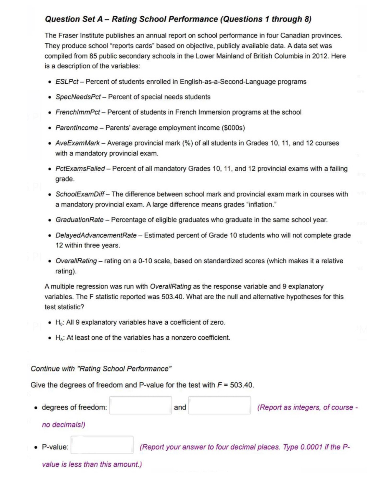 Solved Question Set A - ﻿Rating School Performance | Chegg.com