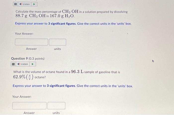 Solved Listen Calculate the mass percentage of CH3 OH in a | Chegg.com