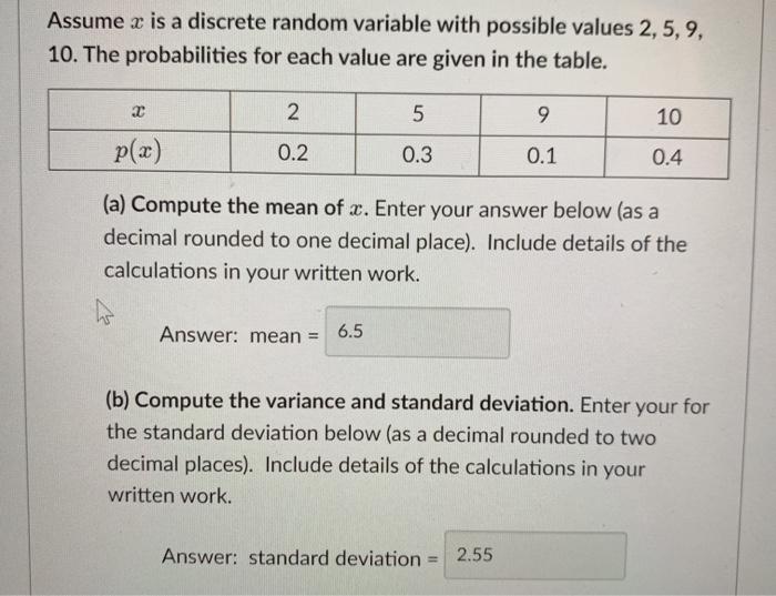 Solved Assume x is a discrete random variable with possible | Chegg.com