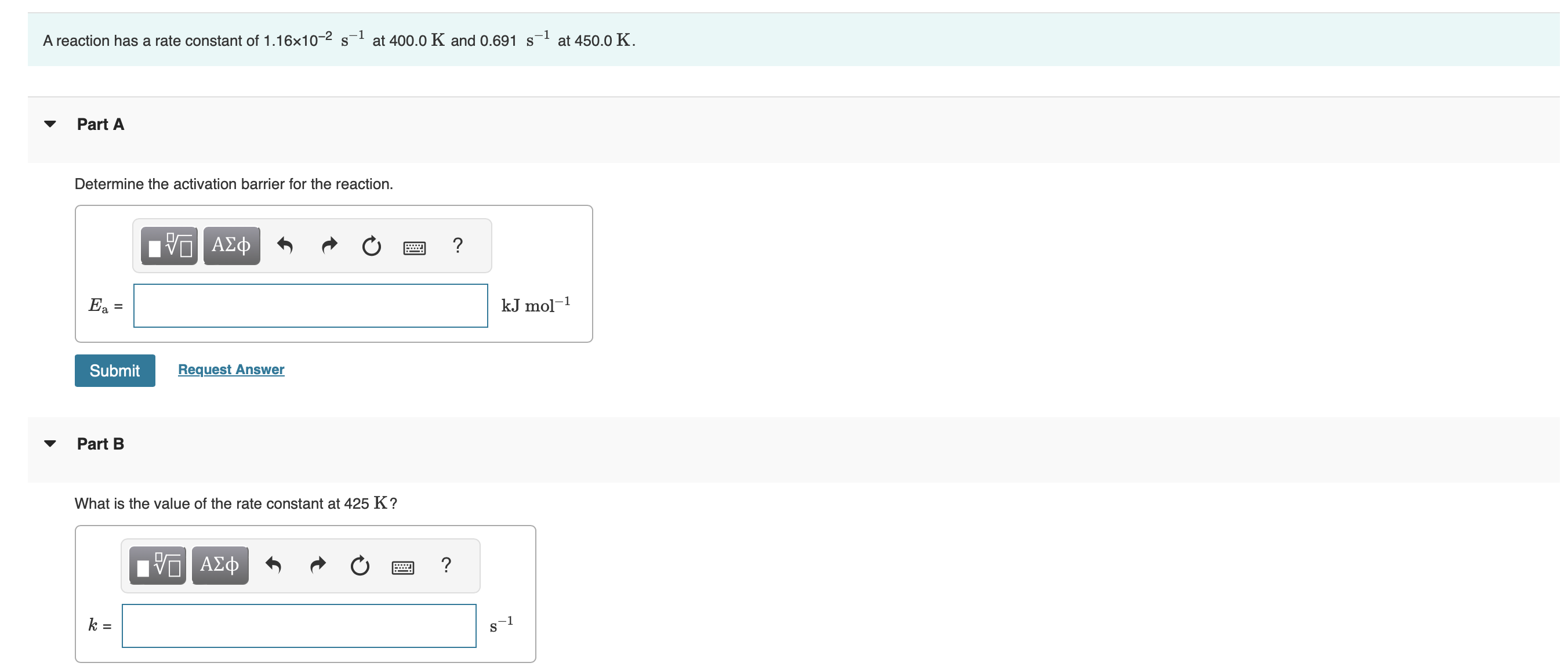 Solved A reaction has a rate constant of 1.16×10-2s-1 ﻿at | Chegg.com