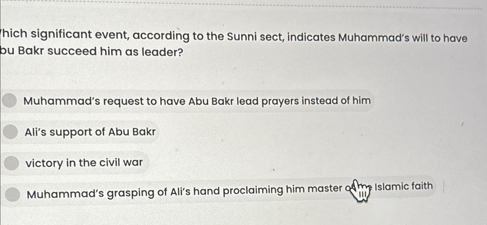Solved hich significant event, according to the Sunni sect, | Chegg.com