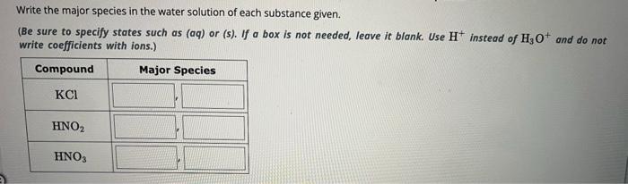 Solved Write the major species in the water solution of each | Chegg.com