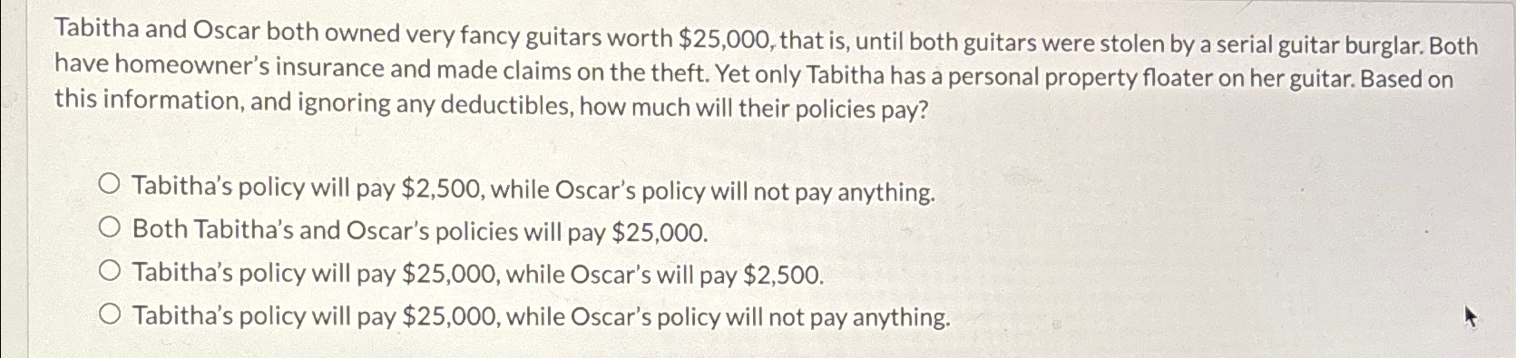 Solved Tabitha and Oscar both owned very fancy guitars worth | Chegg.com
