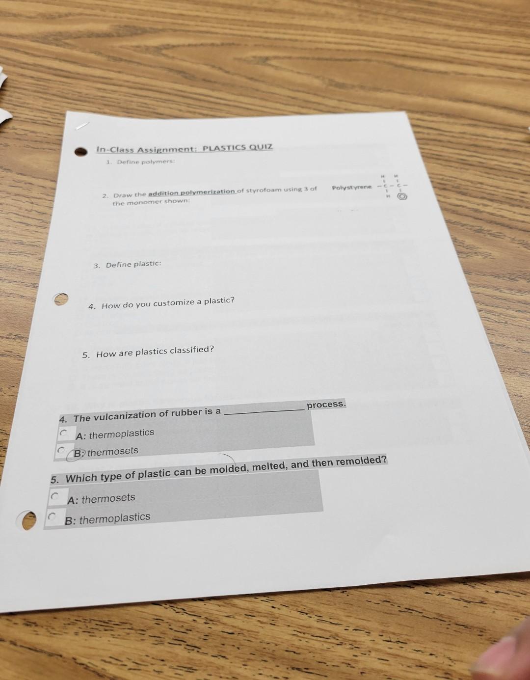 Solved In-Class Assignment: PLASTICS QUIZ 1. Define | Chegg.com