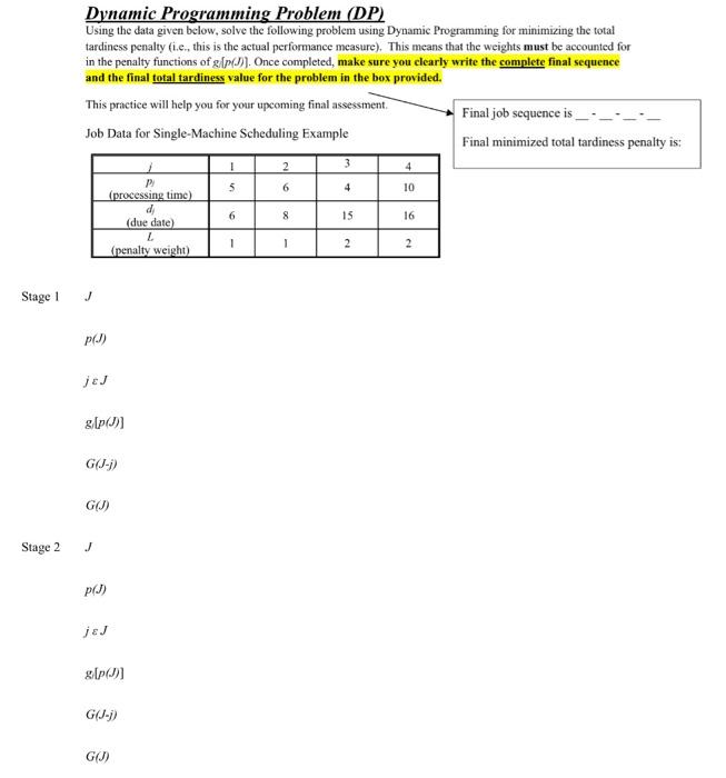 Dynamic Programming Problem (DP) Using the data given | Chegg.com