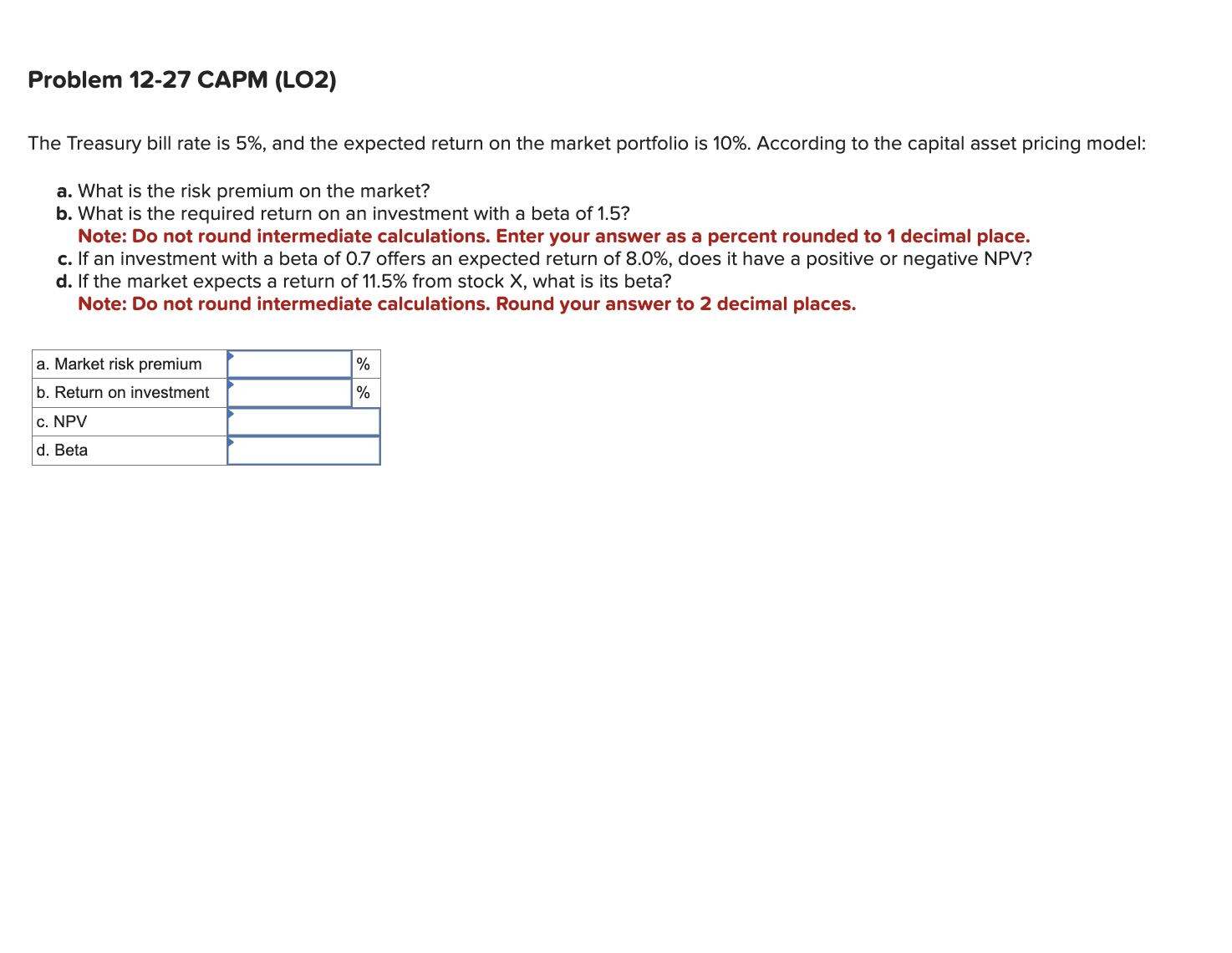 Solved Problem 12-27 ﻿CAPM (LO2) ﻿The Treasury bill rate is | Chegg.com