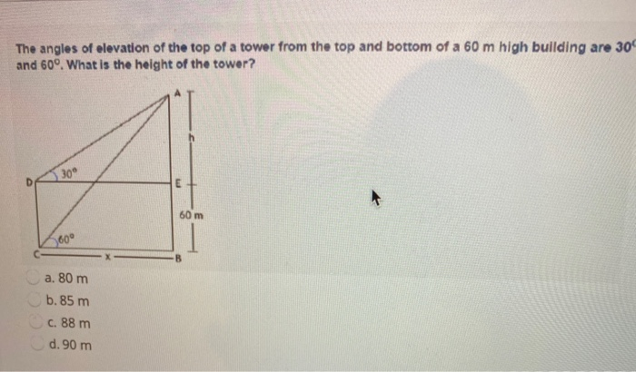 Solved The angles of elevation of the top of a tower from | Chegg.com