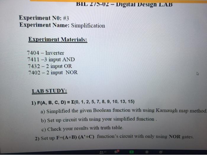 Solved BIL 275-02 - Digital Design LAB Experiment No: #3 | Chegg.com
