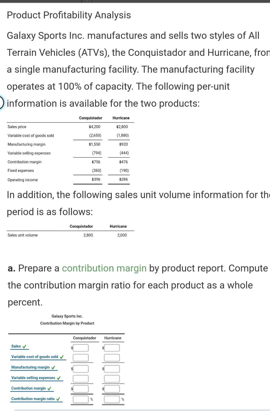 Solved Product Profitability Analysis Galaxy Sports Inc. | Chegg.com