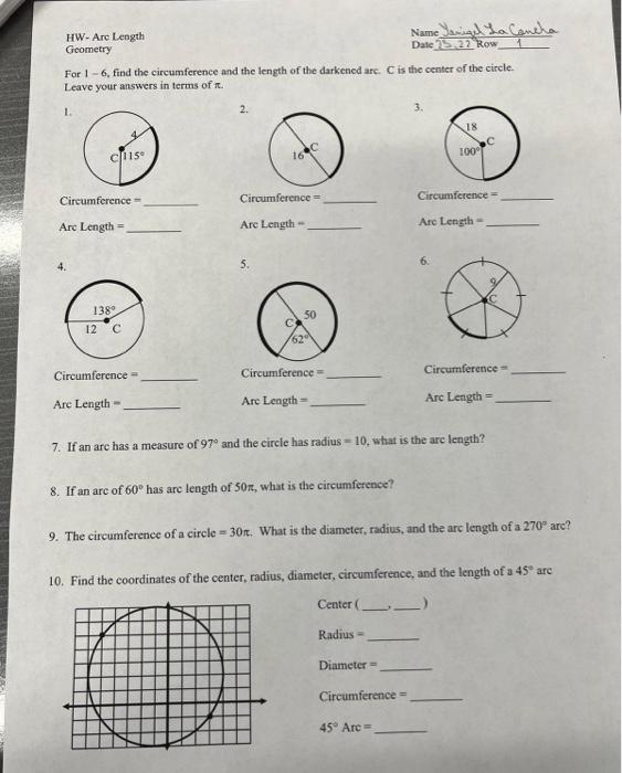 Solved HW-Arc Length Name Jernigel La Concha Geometry Date | Chegg.com