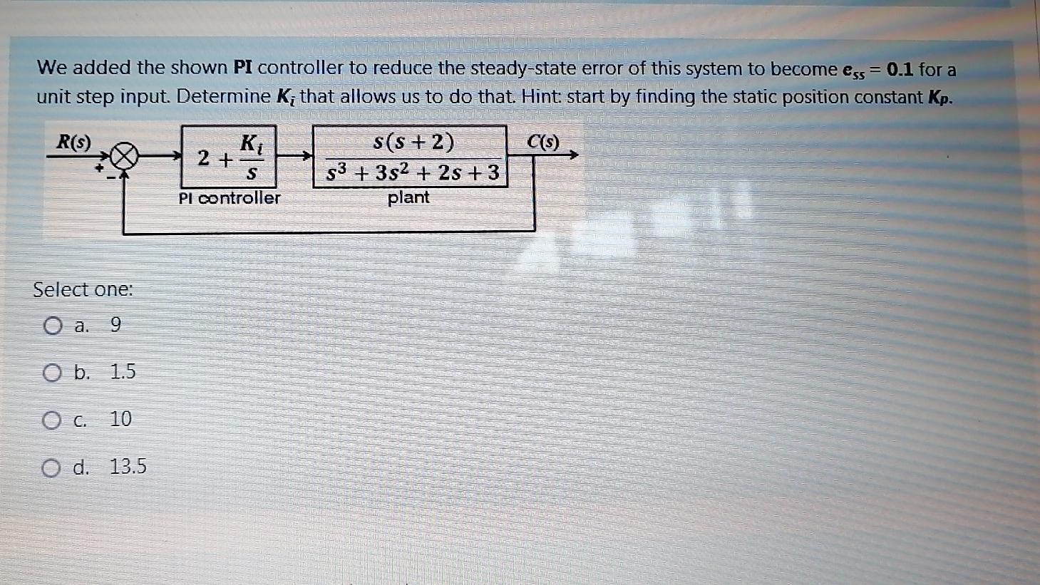 Solved = We added the shown PI controller to reduce the | Chegg.com