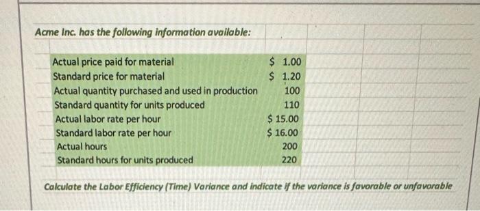 Solved Acme inc. has the following information available: | Chegg.com