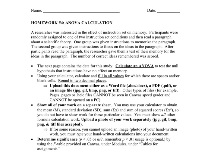 Solved Name: Date: HOMEWORK #4: ANOVA CALCULATION A | Chegg.com