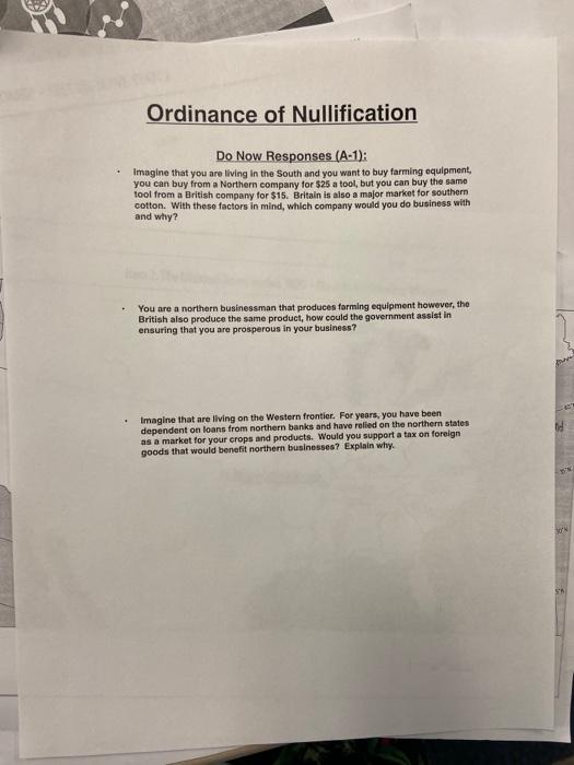 Solved Ordinance of Nullification Do Now Responses (A-1): | Chegg.com