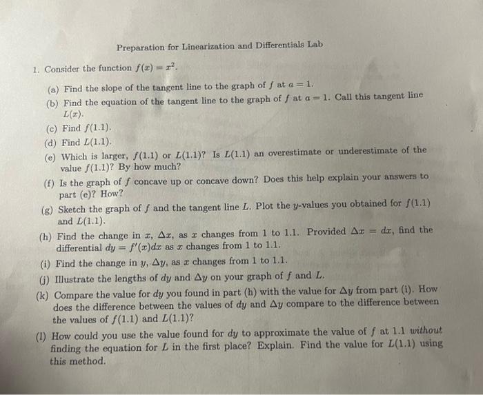 Solved Preparation for Linearization and Differentials Lab | Chegg.com