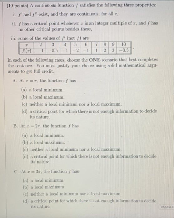 Solved (10 points) A continuous function f satisfies the | Chegg.com