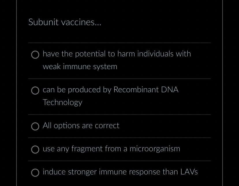 Solved Subunit vaccines...have the potential to harm | Chegg.com
