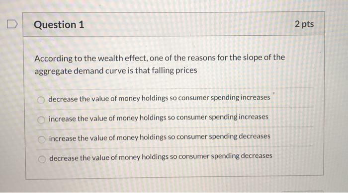 Solved Question 1 2 pts According to the wealth effect, one | Chegg.com