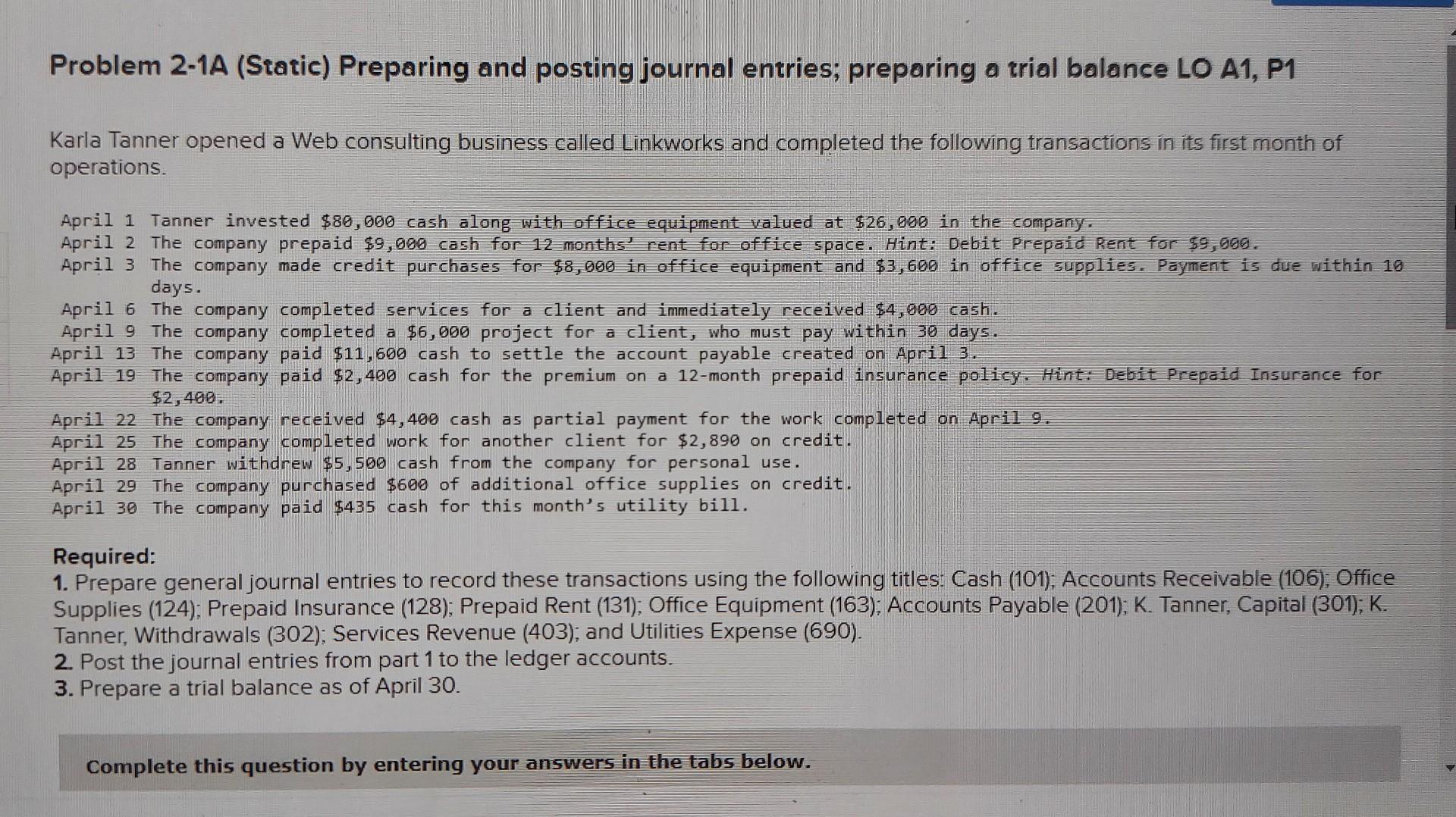 Problem 2-1A (Static) Preparing and posting journal | Chegg.com