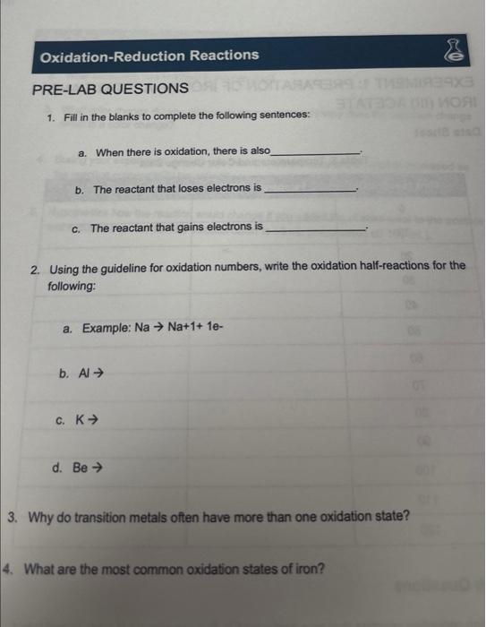 Solved Oxidation-Reduction Reactions PRE-LAB QUESTIONS 1. | Chegg.com