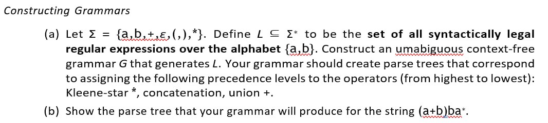 Solved Constructing Grammars(a) ﻿Let Σ={a,b,+,ε,(),?**}. | Chegg.com