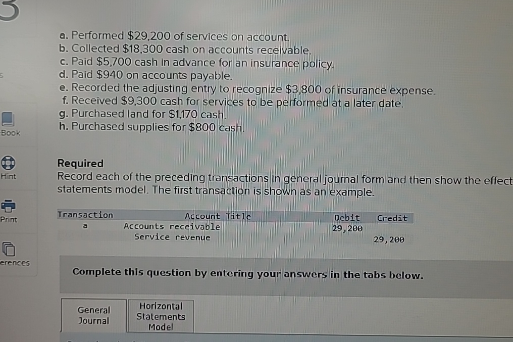 Solved a. Performed $29,200 of services on account\\nb. | Chegg.com