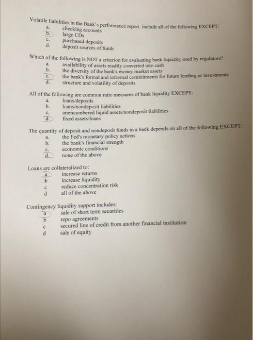 Solved Volatile liabilities in the Bank's performance report | Chegg.com