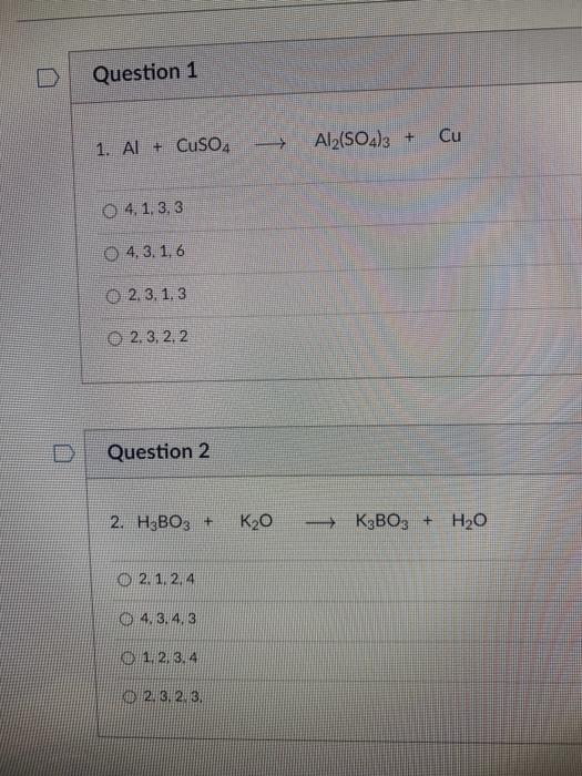 Solved Question 1 1. Al + CuSO4 Al2(SO4)3 + Cu 4.1, 3,3 | Chegg.com