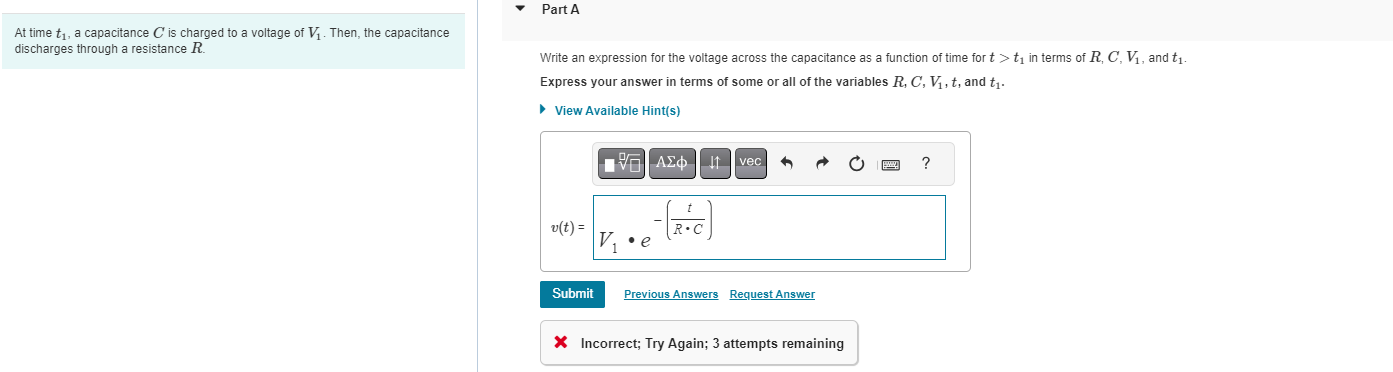 Solved At time t1, ﻿a capacitance C ﻿is charged to a voltage | Chegg.com