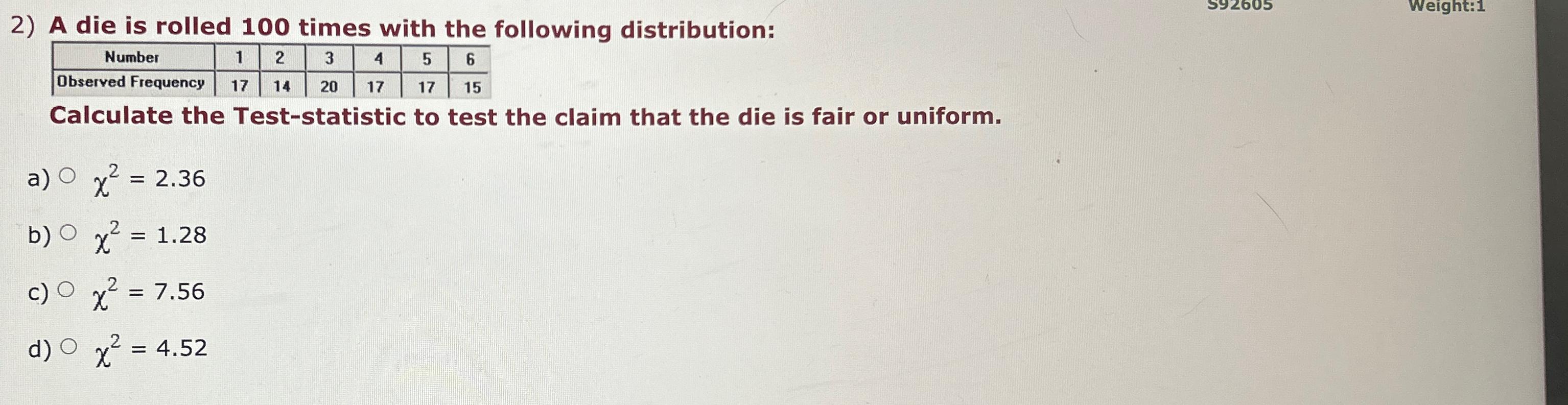 Solved A die is rolled 100 ﻿times with the following | Chegg.com