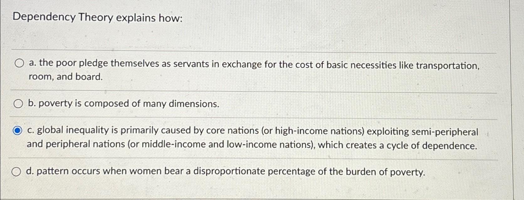 Solved Dependency Theory explains how:a. ﻿the poor pledge | Chegg.com