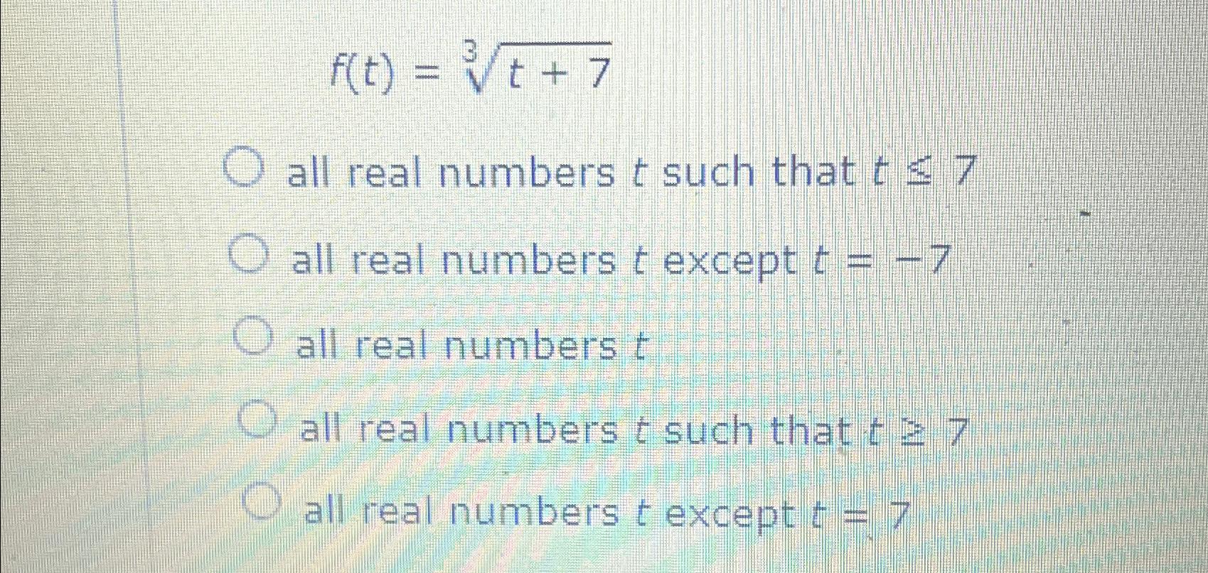 Solved f(t)=t+73all real numbers t ﻿such that t≤7all real | Chegg.com