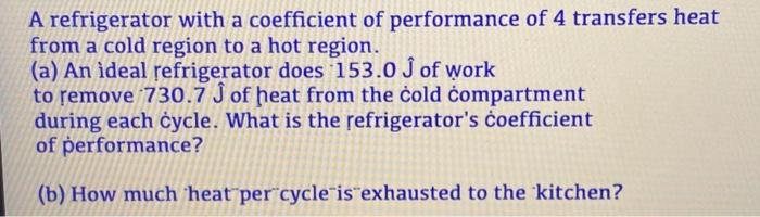 Solved A refrigerator with a coefficient of performance of 4 | Chegg.com