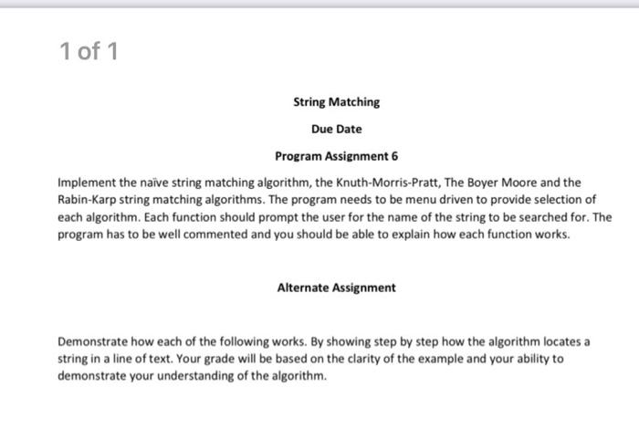 Solved 1 of 1 String Matching Due Date Program Assignment 6 | Chegg.com