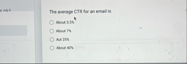Solved %-July 6The average CTR for an email isAbout | Chegg.com