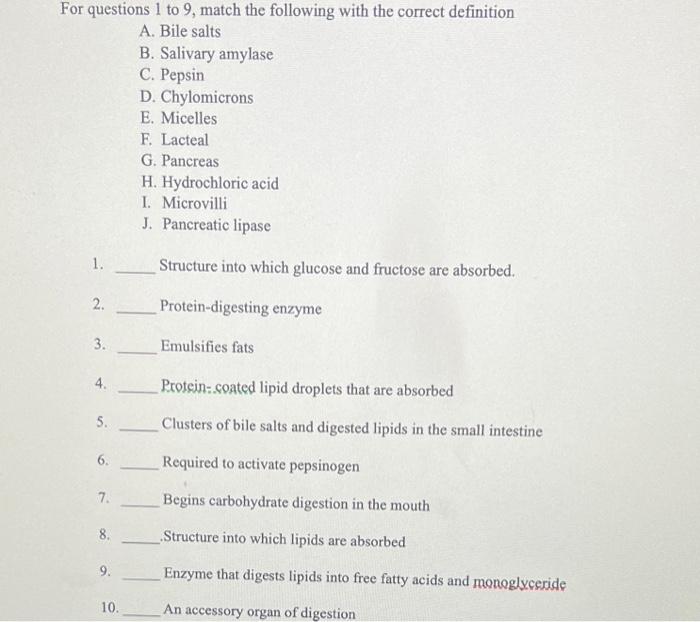 Solved For questions 1 to 9 , match the following with the | Chegg.com