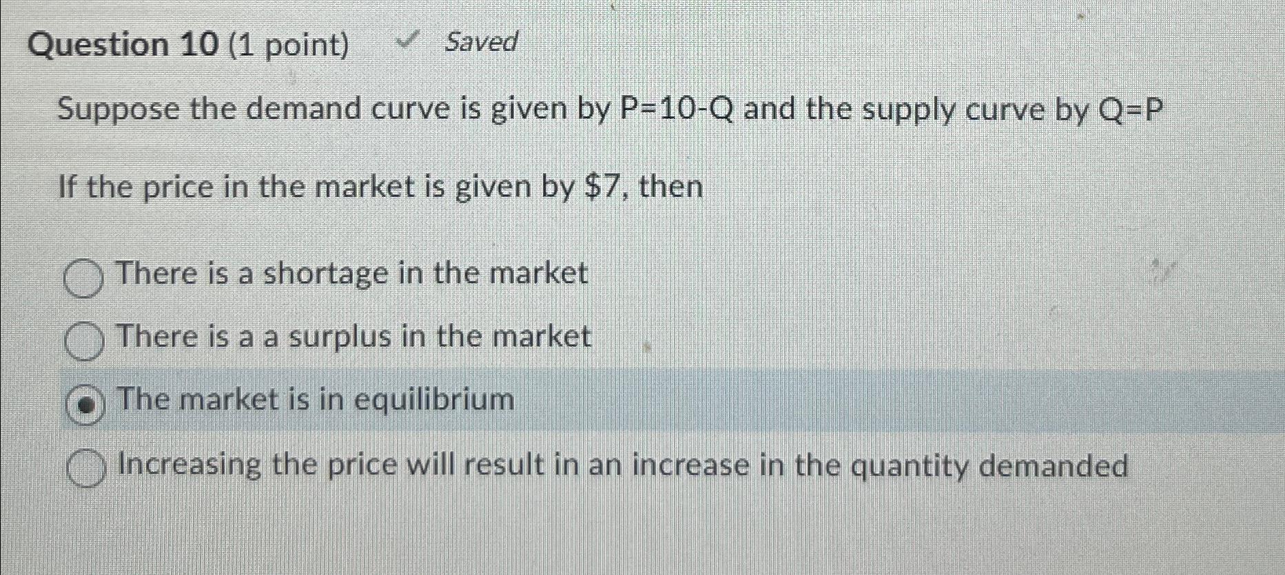 Solved Question 10 (1 ﻿point) ﻿SavedSuppose the demand | Chegg.com