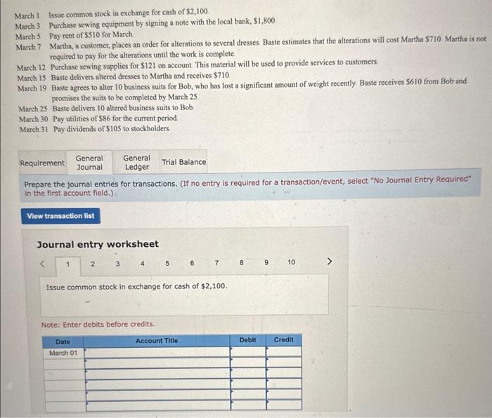 Solved March 1 Issue common stock in exchange for cash of | Chegg.com