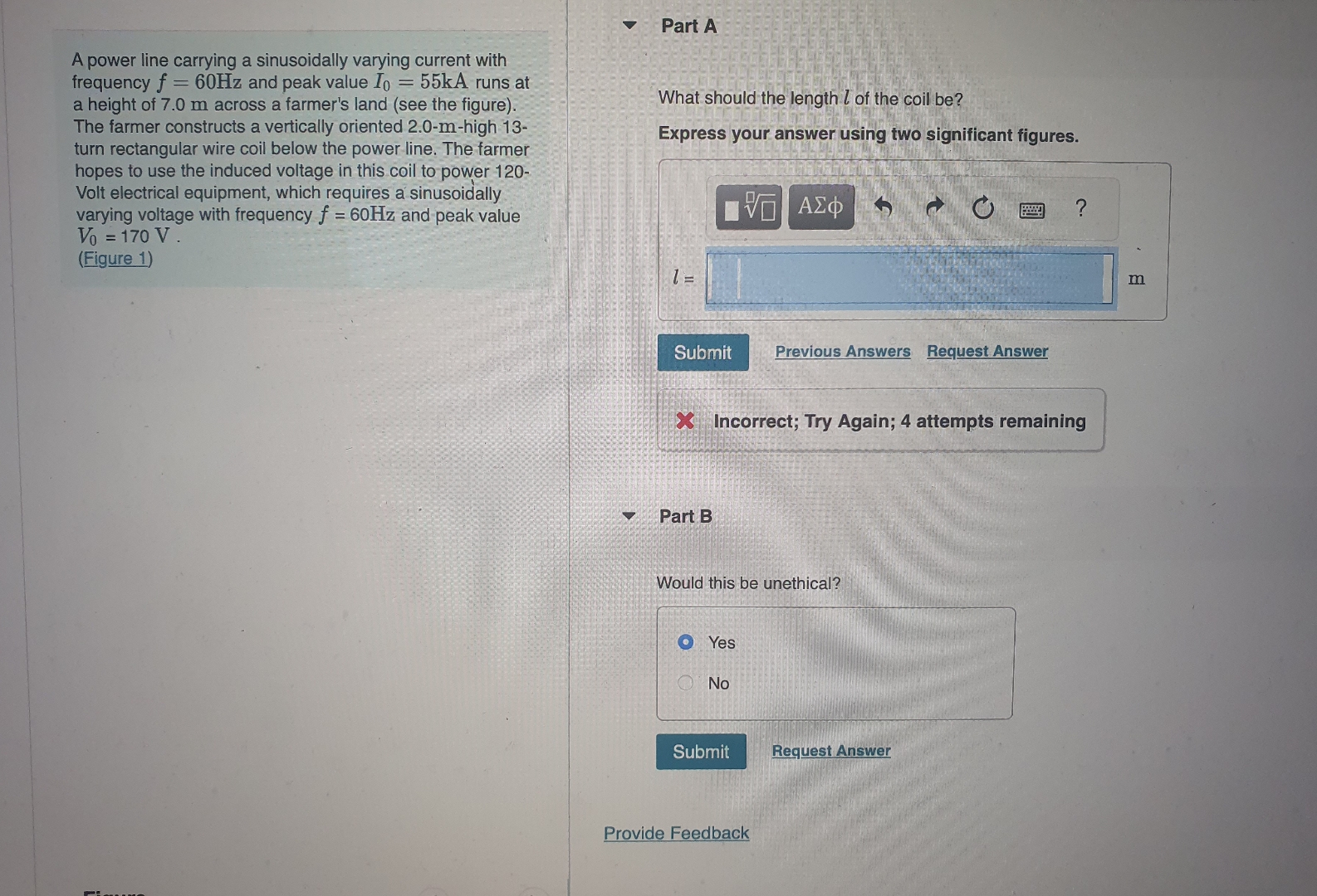 Solved A power line carrying a sinusoidally varying current | Chegg.com