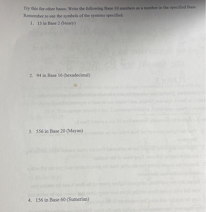Solved Try this for other bases. Write the following Base 10 | Chegg.com