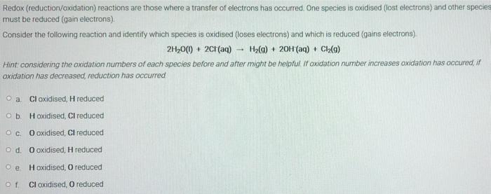 Solved Redox (reduction/oxidation) reactions are those where | Chegg.com
