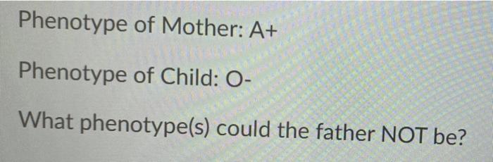 Solved Phenotype of Mother: A+ Phenotype of Child: O- What | Chegg.com