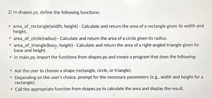 Solved 2) In shapes.py, define the following functions: - | Chegg.com