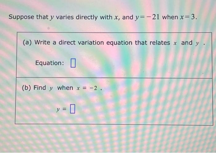 Solved Suppose that y varies directly with x, and y=−21 when | Chegg.com